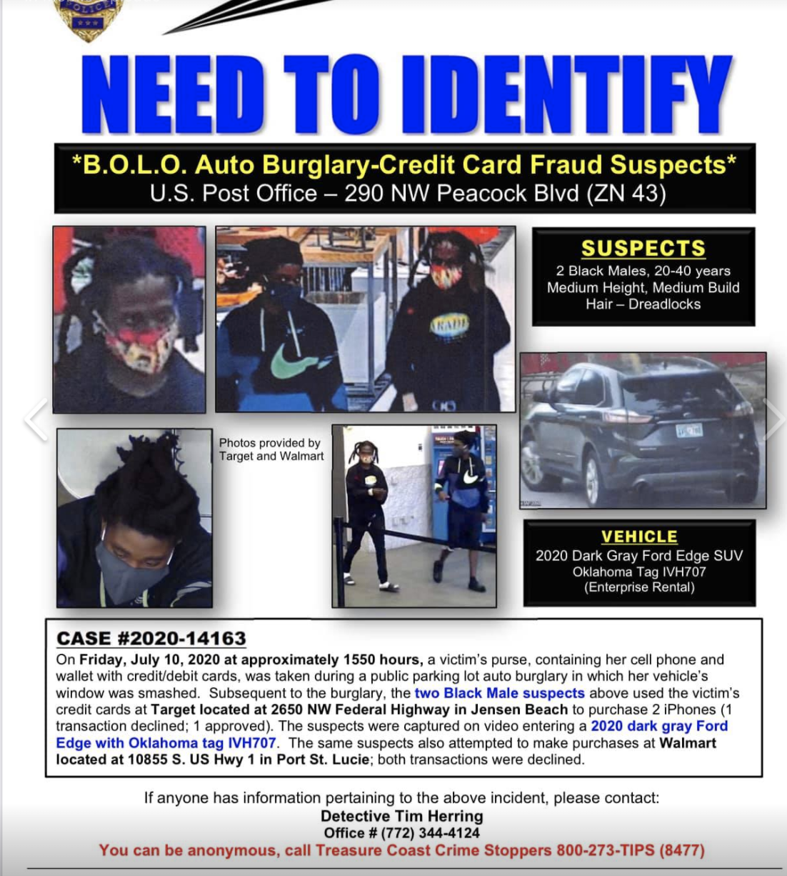 PSL Detectives seek help identifying Auto Burglary-Credit Card Fraud ...